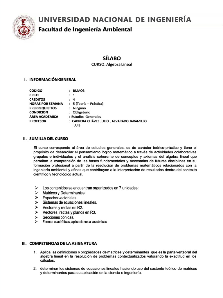 BMA01 Algebra Lineal Silabus - Compress | PDF | Foreign Language ...