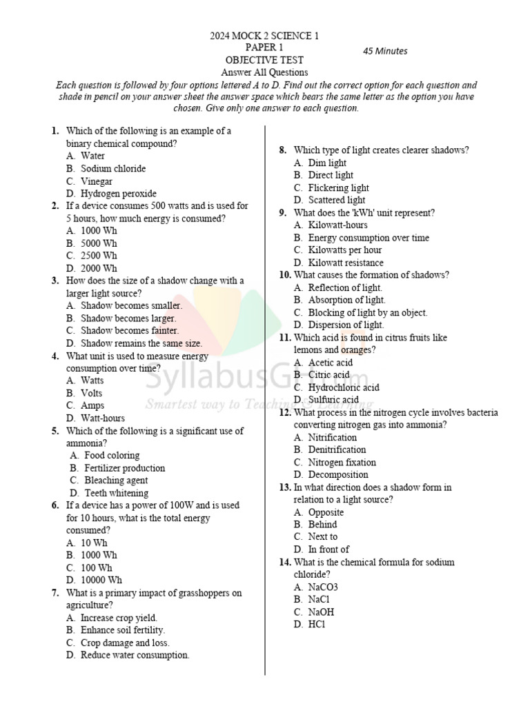 2024 Mock 2 Science 1 | PDF | Acid | Nitrogen