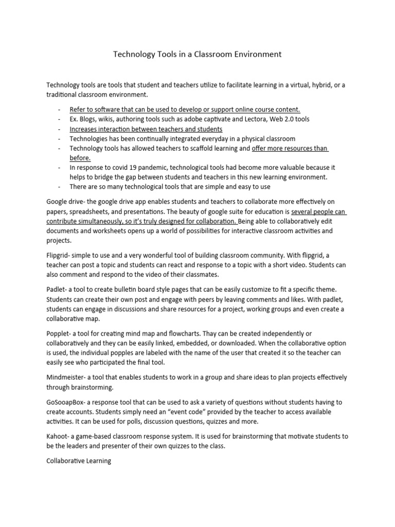 Technology Tools in A Classroom Environment | PDF | Educational Technology | Learning