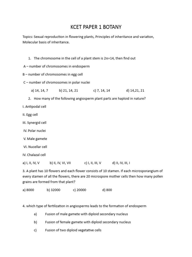 Kcet Paper 1 Botany | PDF | Dna | Ploidy