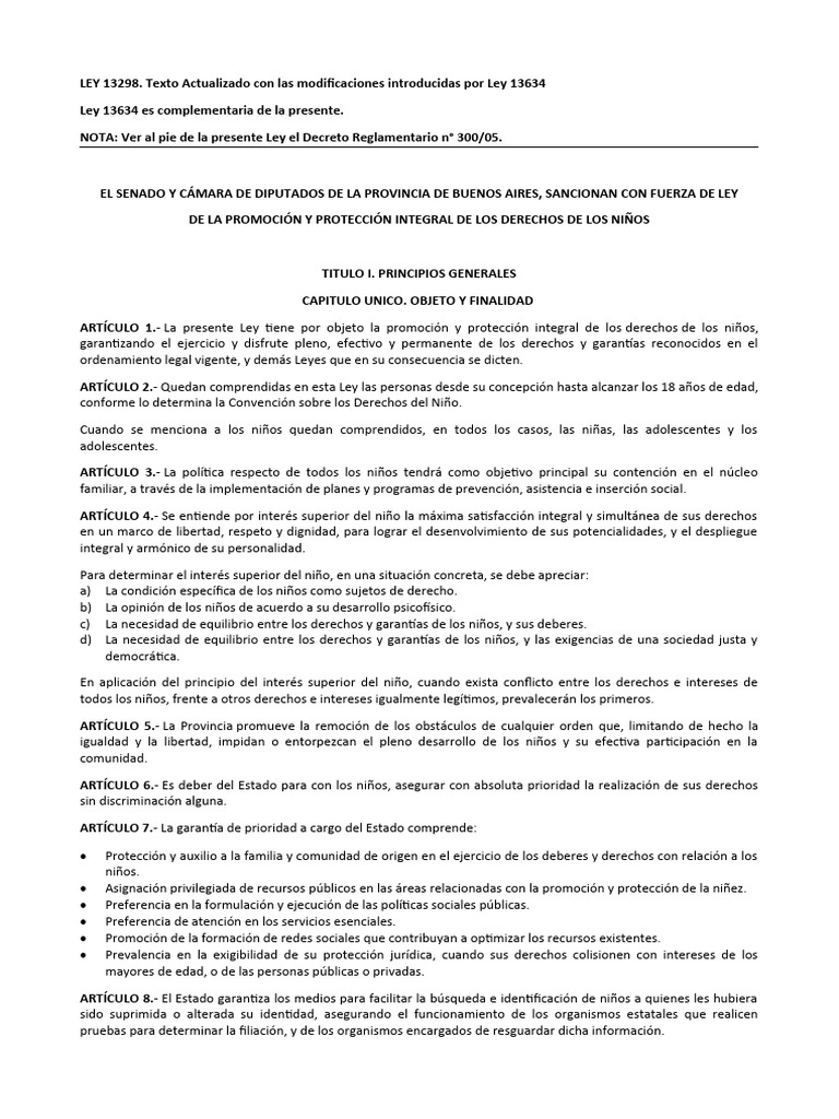 Ley 13298: Protección Integral de Niños | PDF | Derechos de los niños ...