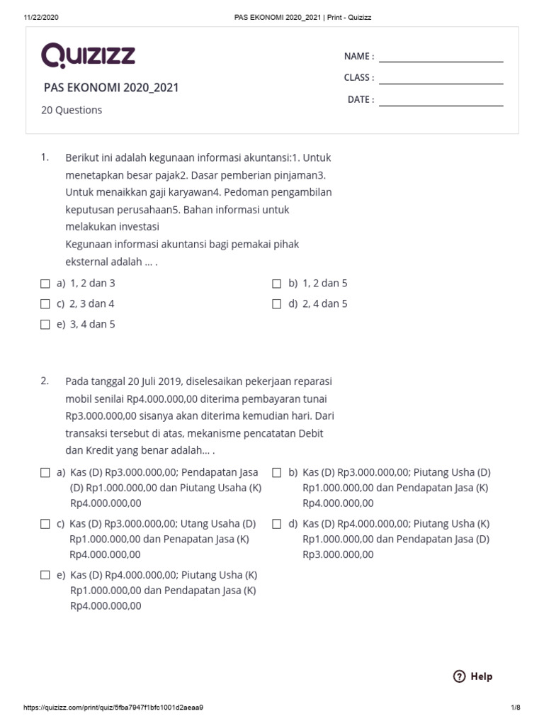 PAS EKONOMI KLS XII 2020 - 2021 - Print - Quizizz | PDF