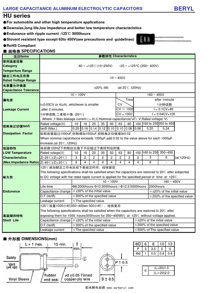 Beryl (Radial Thru-Hole) HU Series | PDF | Capacitor | Electronics