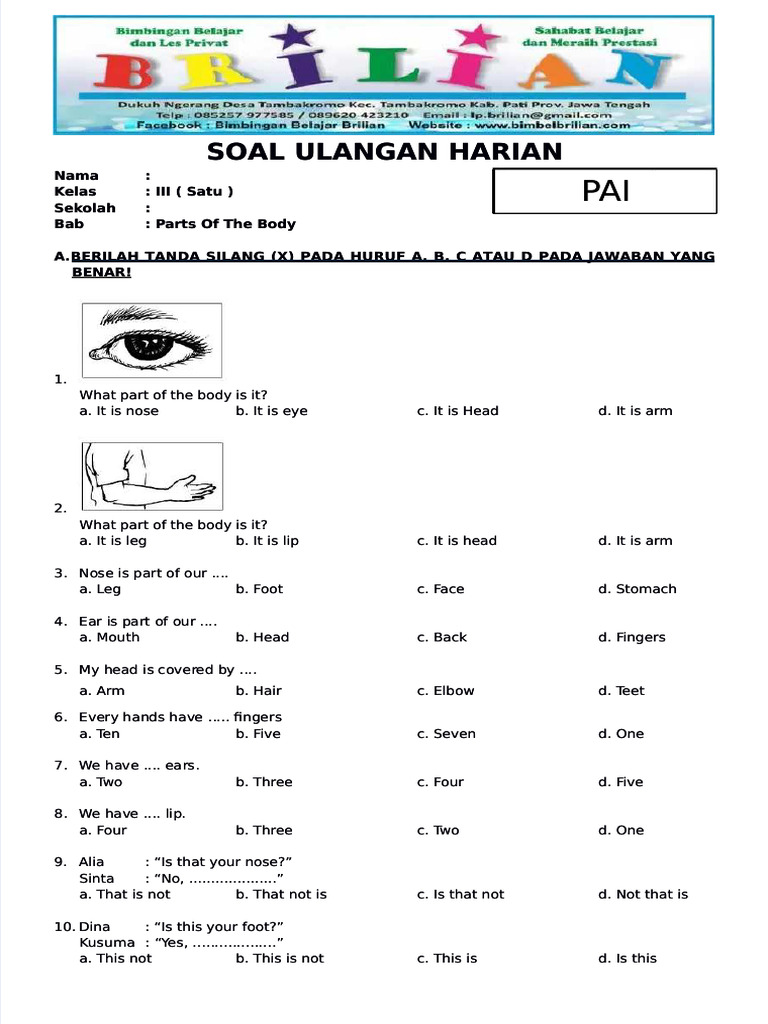 PDF Soal Bahasa Inggris Kelas 3 SD Bab 1 Parts of The Body Dan Kunci Jawaban - Compress | PDF ...