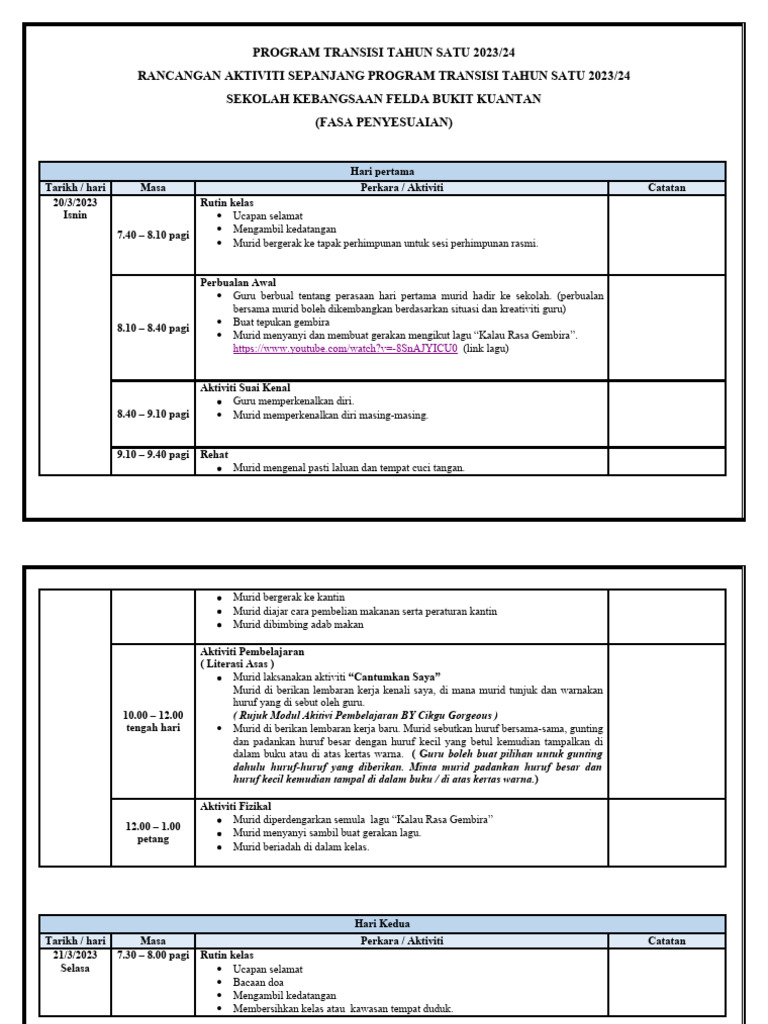 JADUAL PROGRAM TRANSISI TAHUN SATU 2023 BY CIKGU GORGEOUS | PDF
