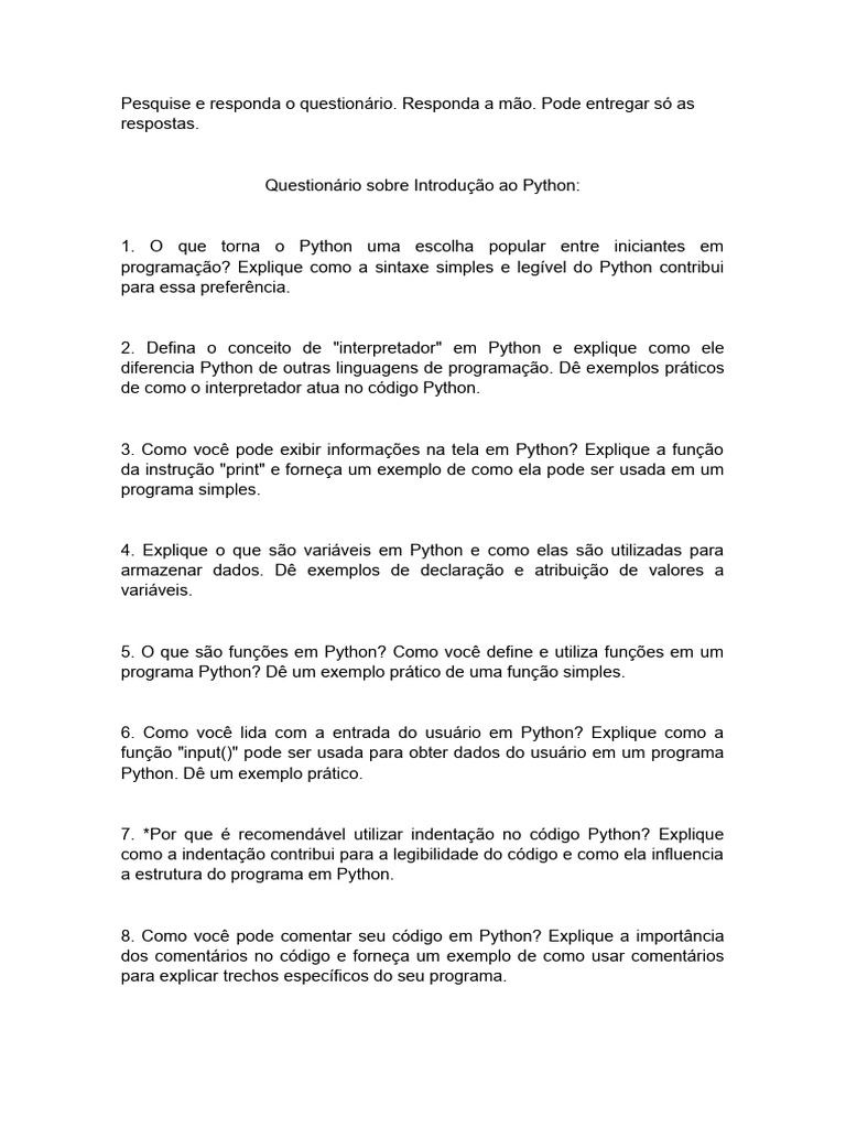 Questionario Introducao Ao Python | PDF | Negócios
