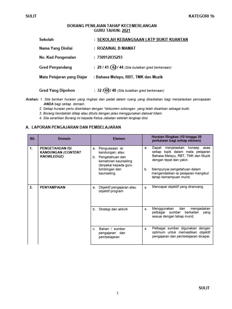 Borang-Penilaian-Tahap-Kecemerlangan-Guru-DG44 ROZAINAL | PDF