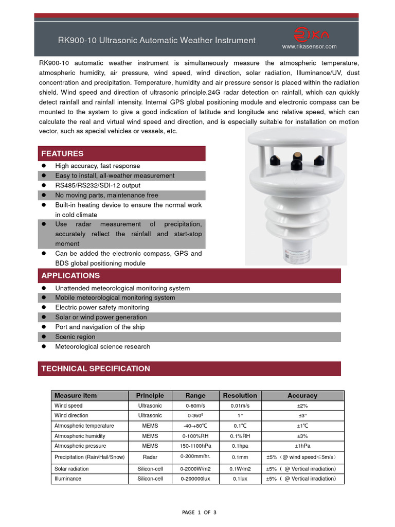 RK900-10 Ultrasonic Automatic Weather Instrument Specification v3.0 ...