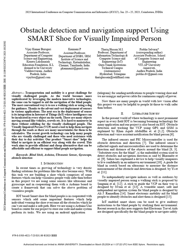 Obstacle Detection and Navigation Support Using SMART Shoe For Visually Impaired Person | PDF ...