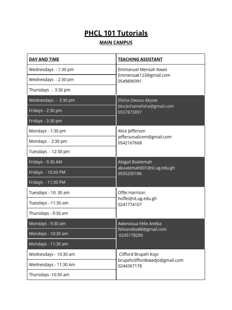 PHCL 101 - Tutorial Schedule - 1 | PDF