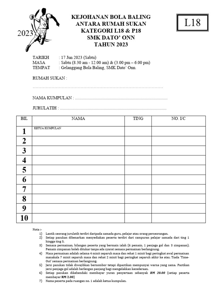 Borang Pertandingan L18 2023 | PDF