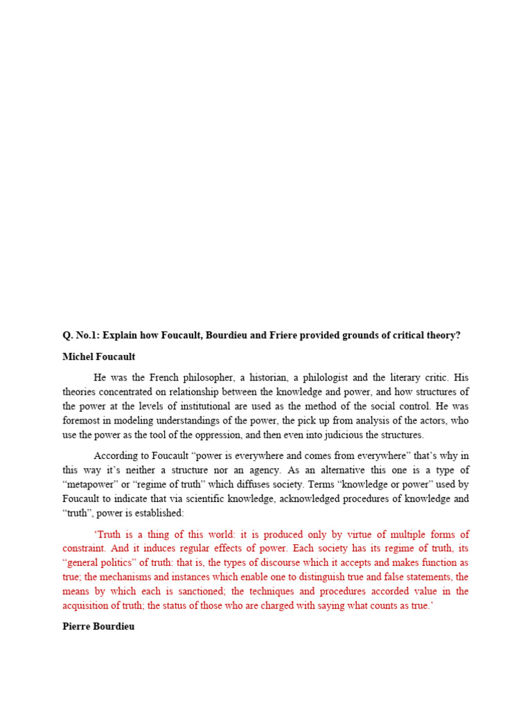 Q. No.1: Explain How Foucault, Bourdieu and Friere Provided Grounds of ...