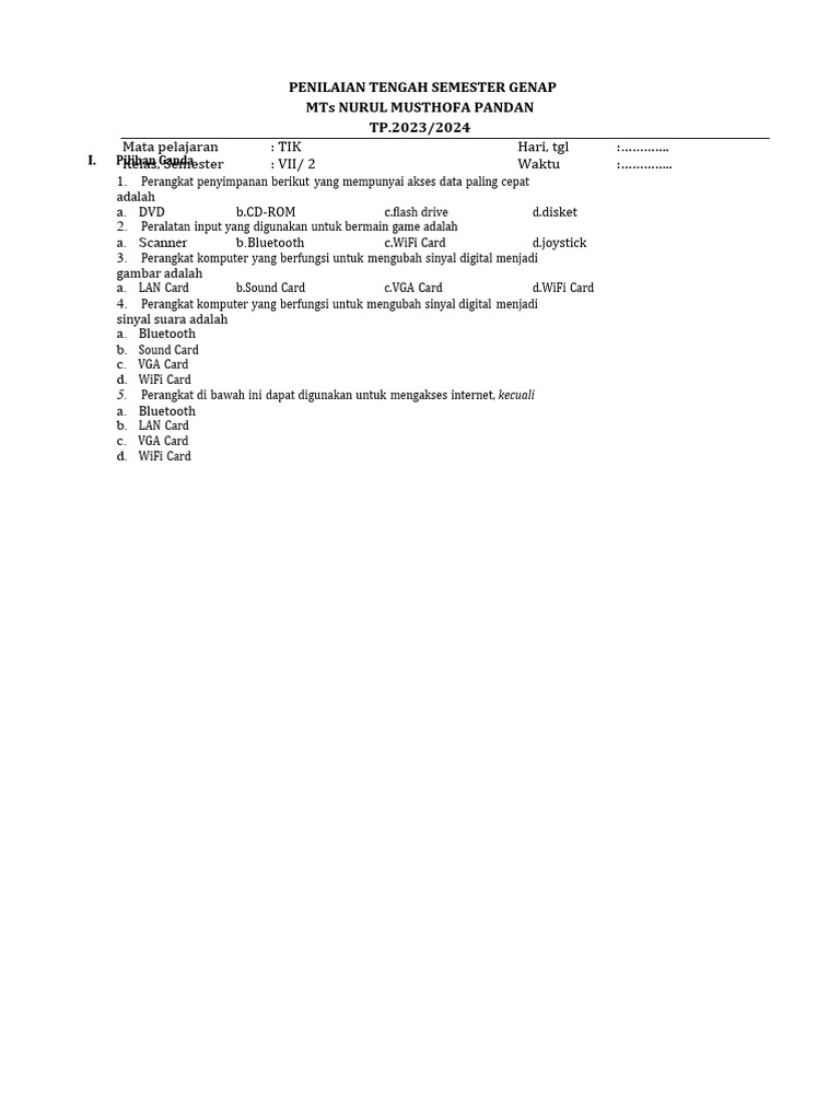 Latihan Soal UTS TIK SMP Kelas 7 Semester Genap | PDF