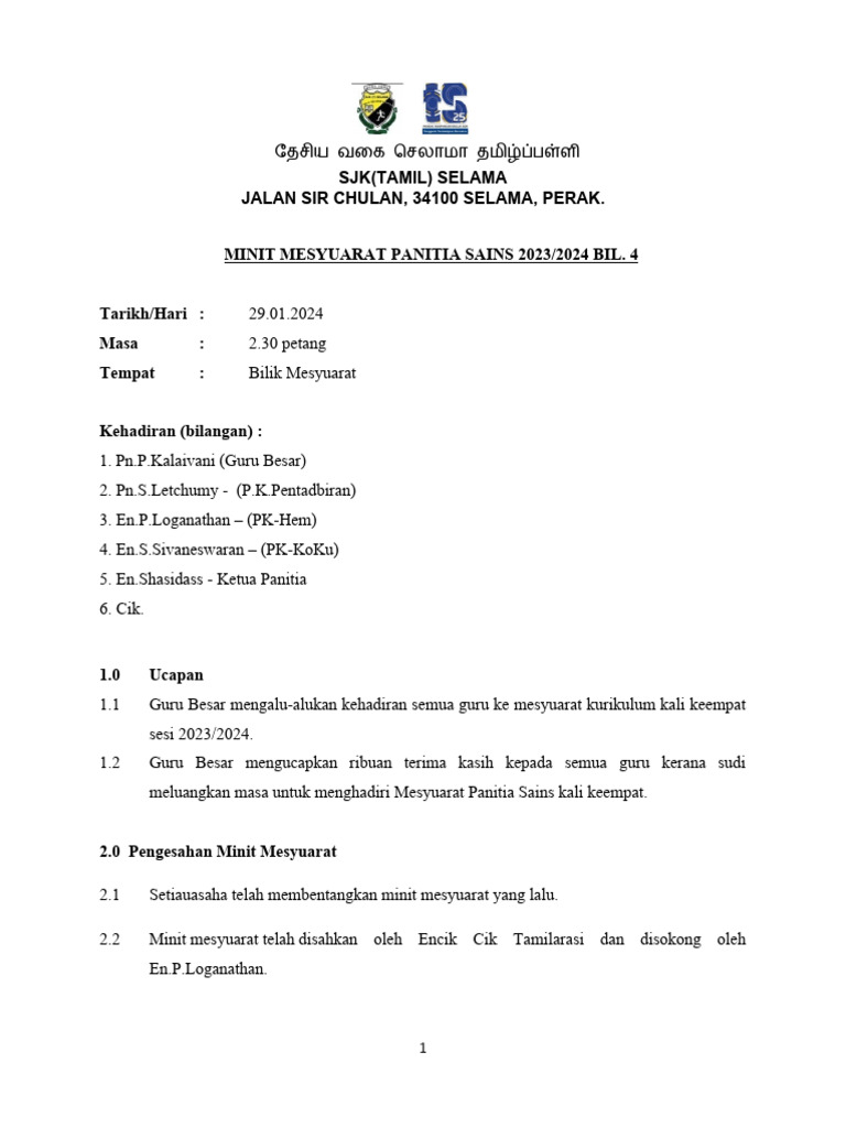 Minit Mesyuarat Sains Kali Ke 4 2020 | PDF