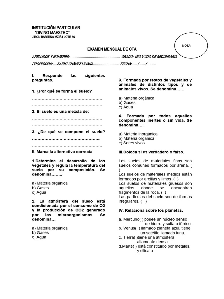 Examen de Suelo y Planetas Secundaria | PDF | Suelo | Agua