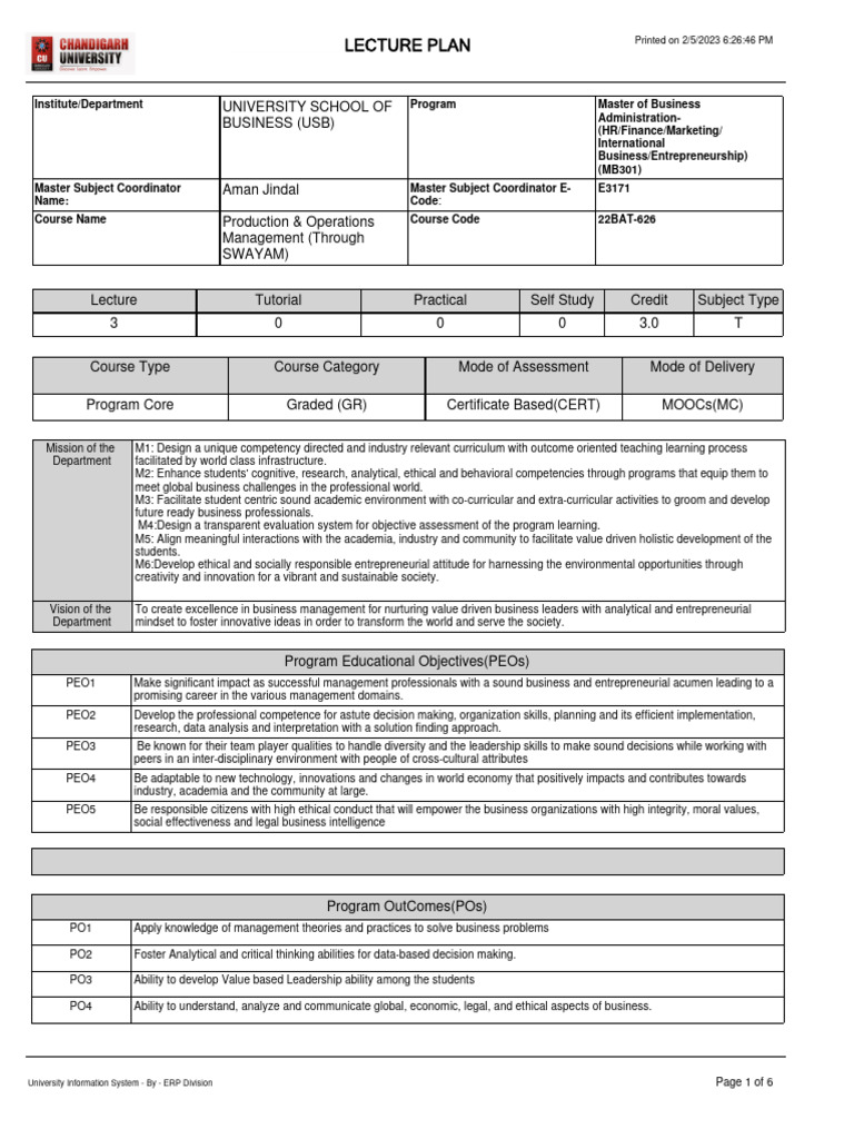 LecturePlan MB301 22BAT-626 | PDF | Operations Management | Business Economics