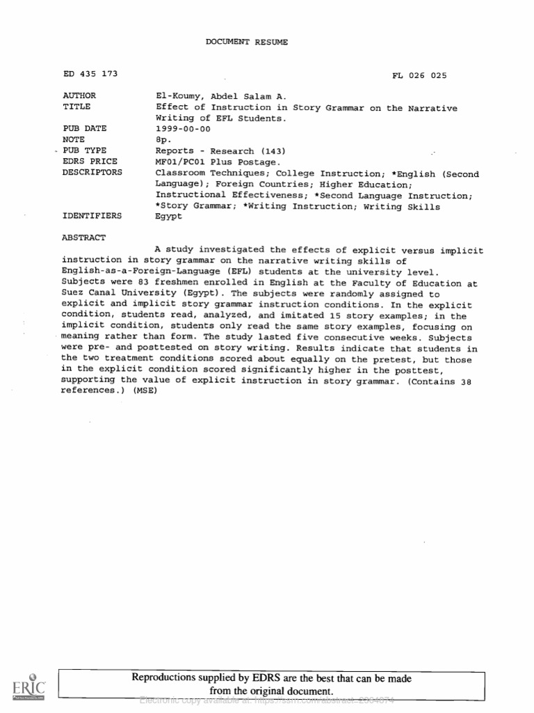 Effect of Instruction in Story Grammar On The Narrative Writing of EFL Students | PDF | English ...