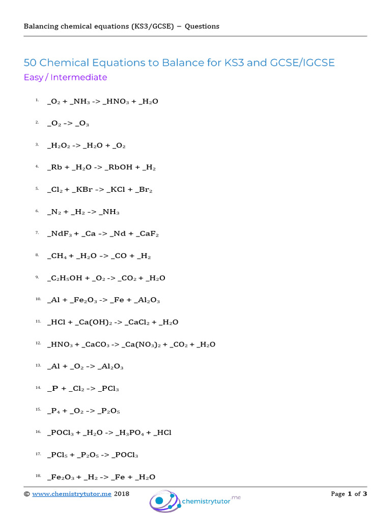 Balancing-chemical-equations-worksheet-1-QP | PDF