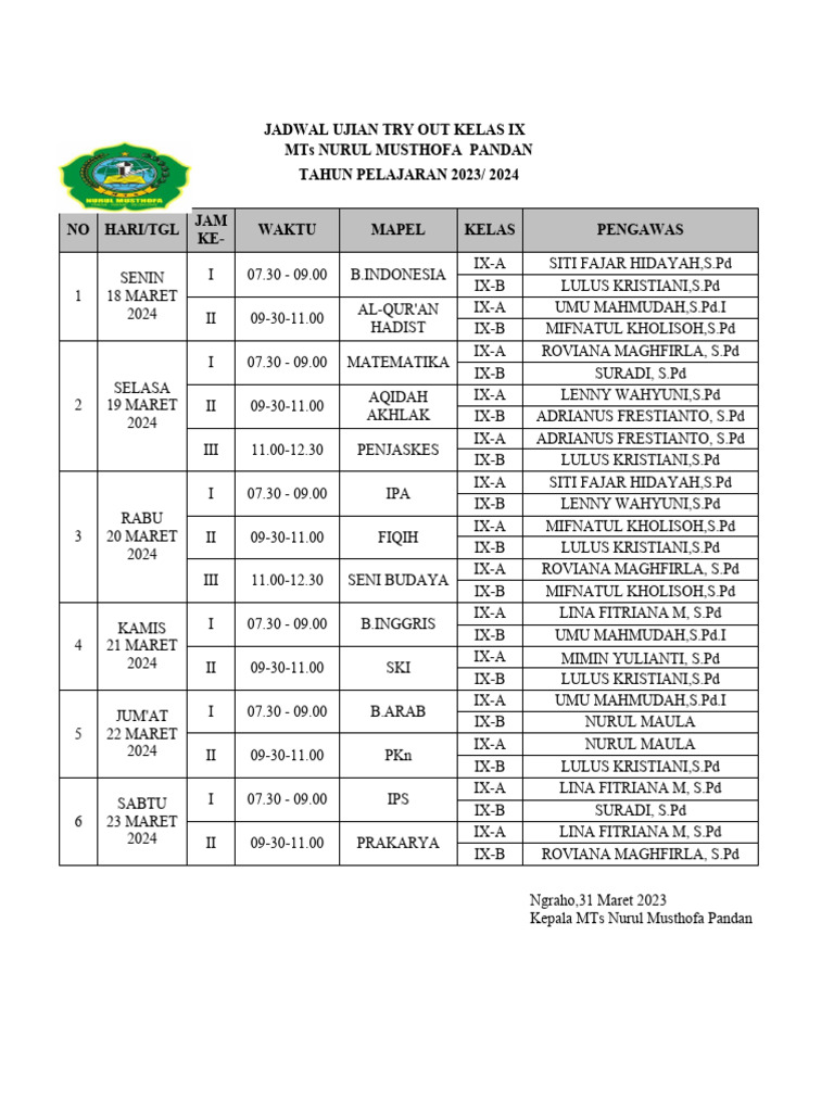 Jadwal Ujian Try Out Kelas IX 2024 | PDF