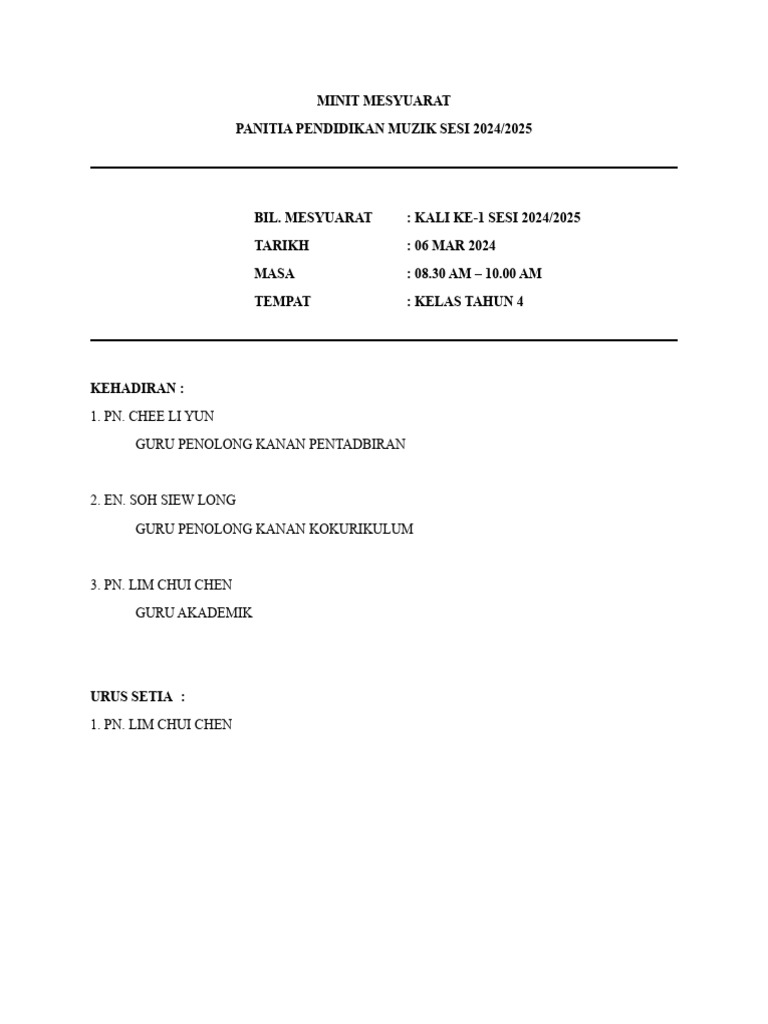 MINIT MESYUARAT Muzik Kali 1 2024 | PDF