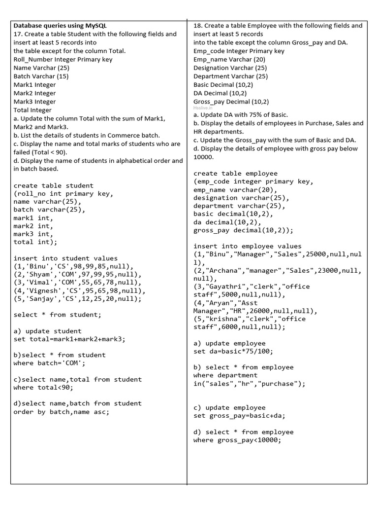 Higher Secondary Computer Application Mysql Practical Pdf Computing Information 4379