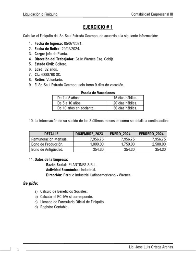 5. Ejercicio Practico # 1 - Liquidacion o Finiquito | PDF | Contabilidad | Business
