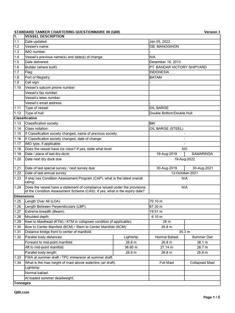 Q88 MANOGIHON Jan 2022 | PDF | Oil Tanker | Tonnage