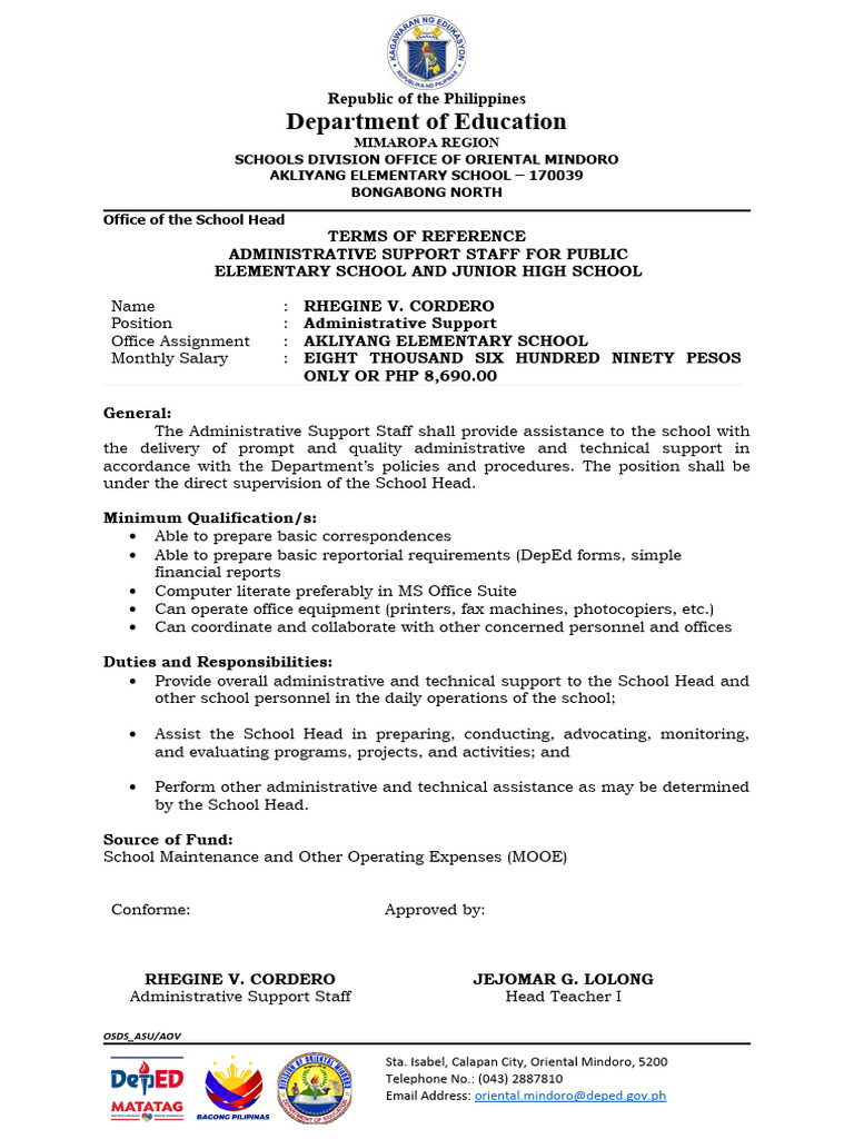 Terms of Reference Template Admin Support Staff | PDF