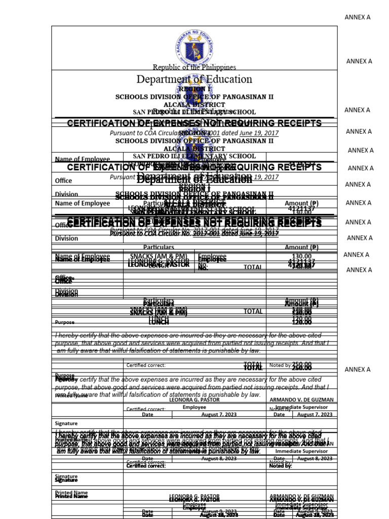 Certification of Expenses Not Requiring Receipts | PDF | Expense