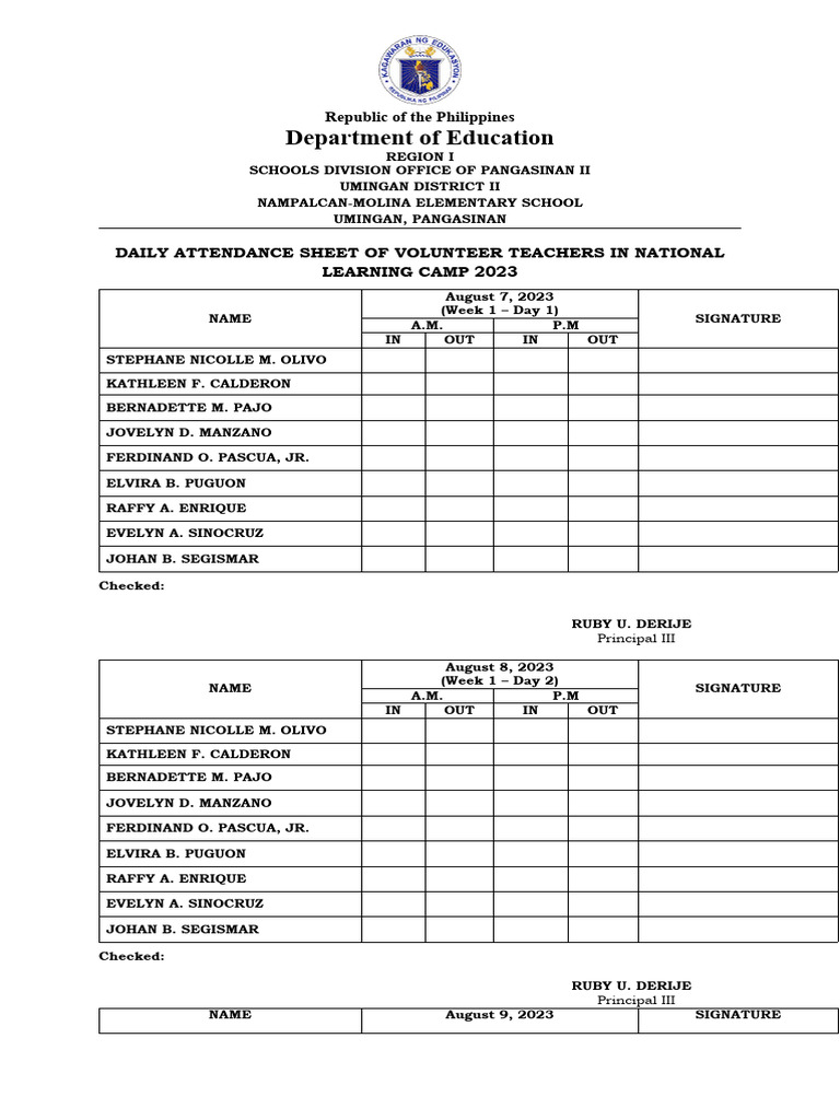 NLC Daily Attendance Sheet | PDF