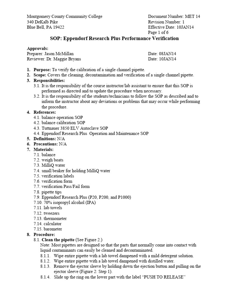 SOP For Calibration and Verification of Eppendorf Pipette | PDF | Volume