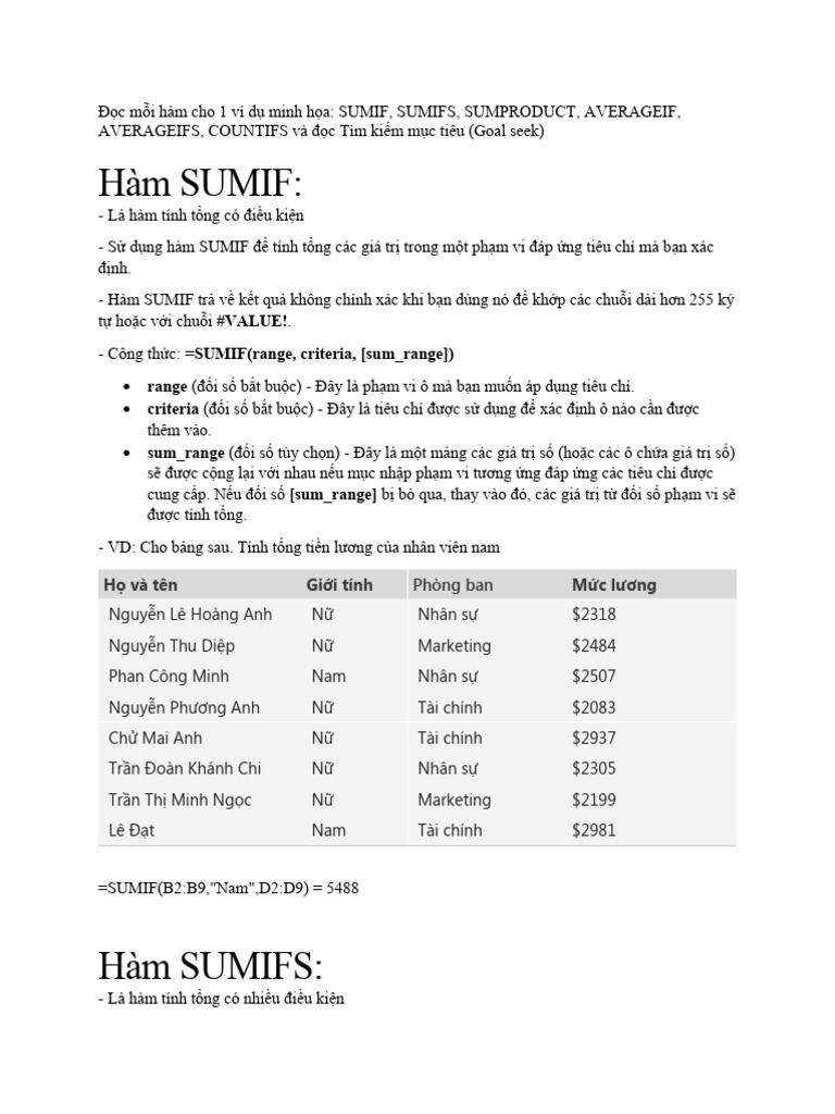 Hàm Sumif:: Họ và tên Giới tính Phòng ban Mức lương | PDF