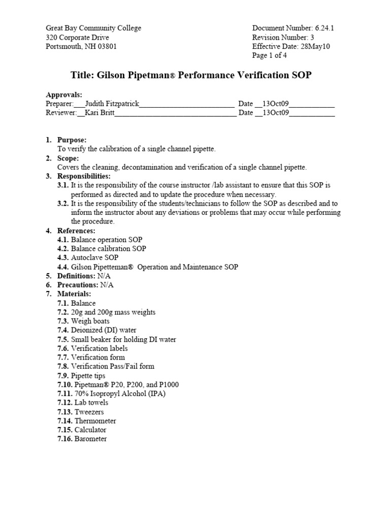 SOP For Calibration and Verification of Gilson Pipetman | PDF
