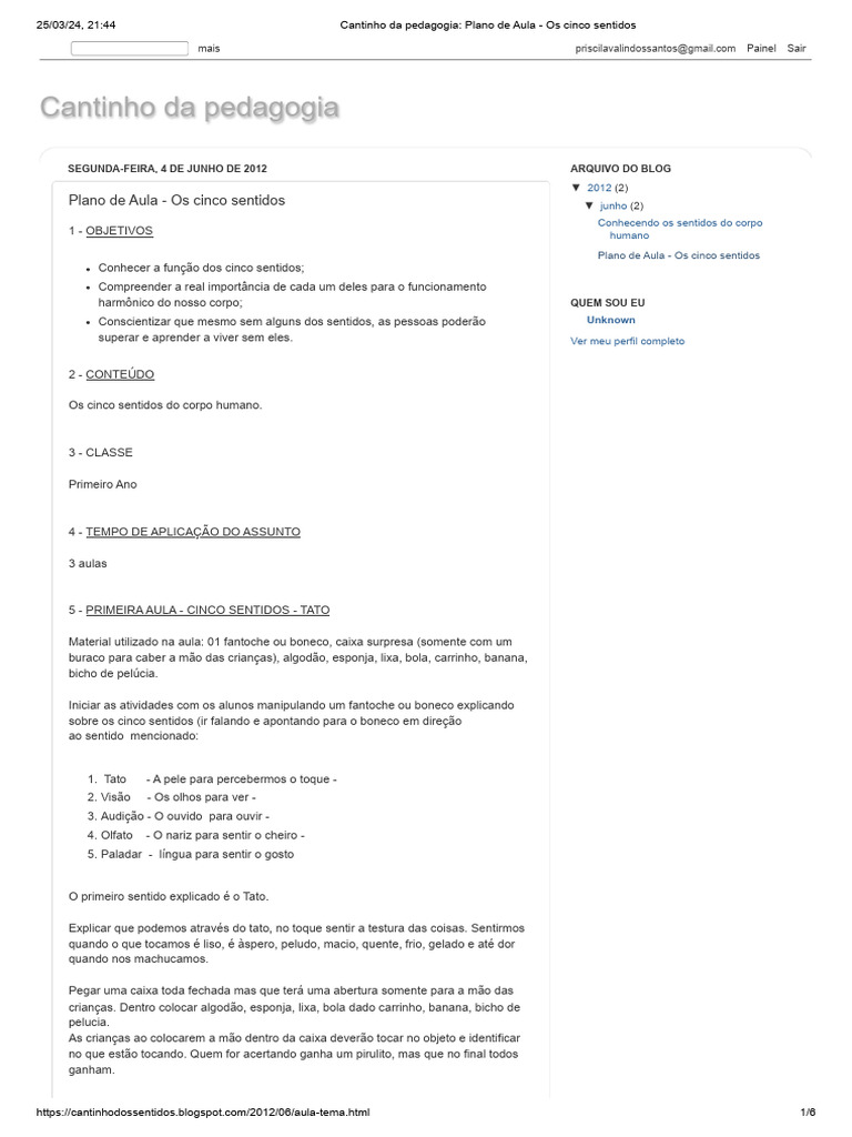 Cantinho Da Pedagogia_ Plano de Aula - Os Cinco Sentidos | PDF | Cor ... Cantinho Da Pedagogia_ Plano de Aula - Os Cinco Sentidos | PDF | Cor ...