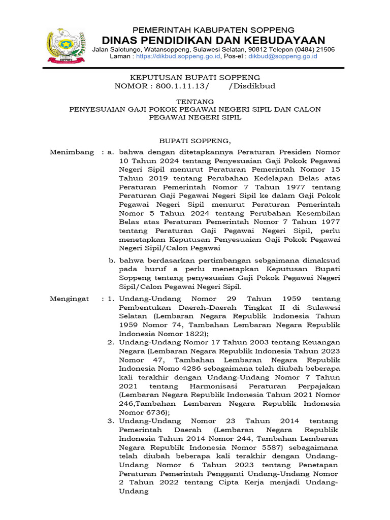 Penyesuaian Gaji PNS Soppeng 2024 | PDF