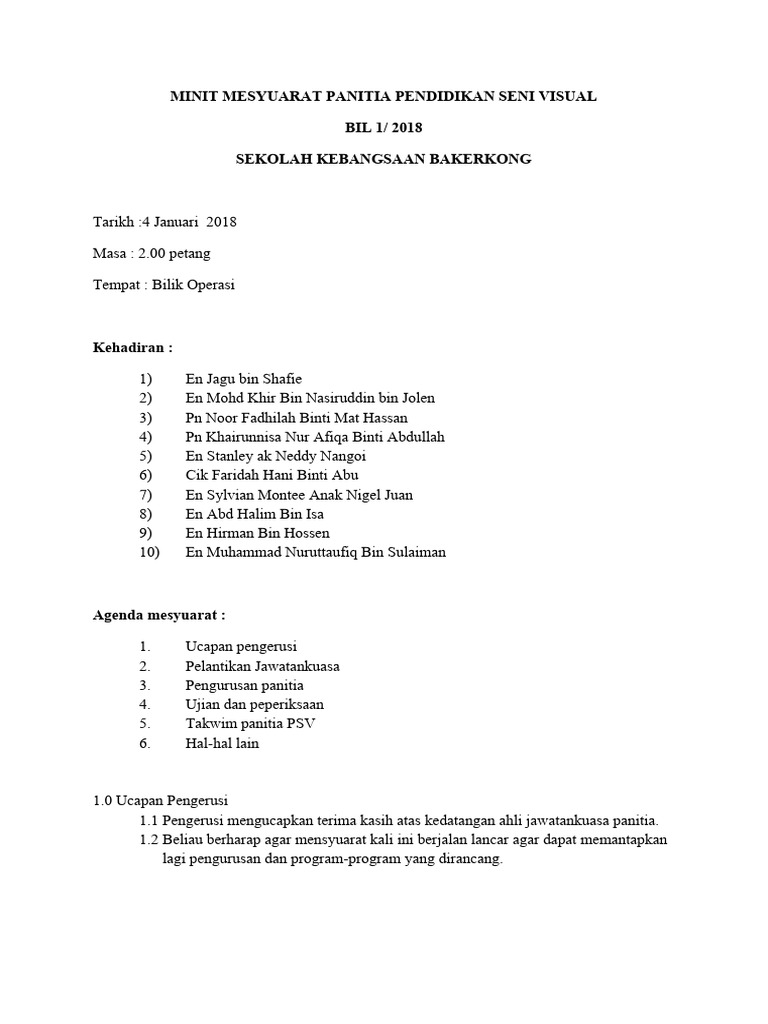 Minit Mesyuarat Panitia Pendidikan Seni Visual Bil 1 2018 | PDF