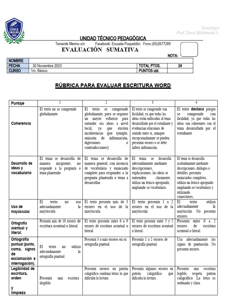 Rubrica Escritura Word | PDF | Léxico | Caligrafía