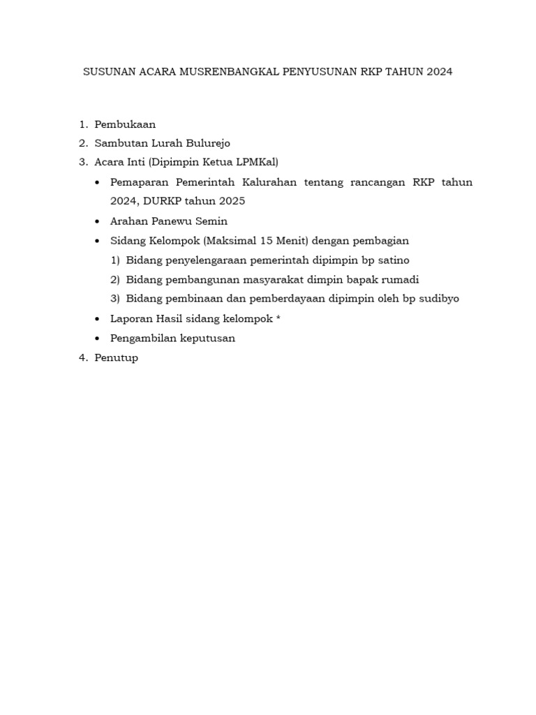 Susunan Acara Musrenbangkal Penyusunan RKP Tahun 2024 | PDF | Bisnis ...