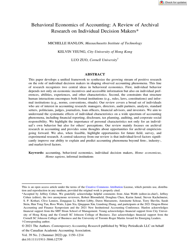 Contemporary Accting Res - 2021 - Hanlon - Behavioral Economics of ...