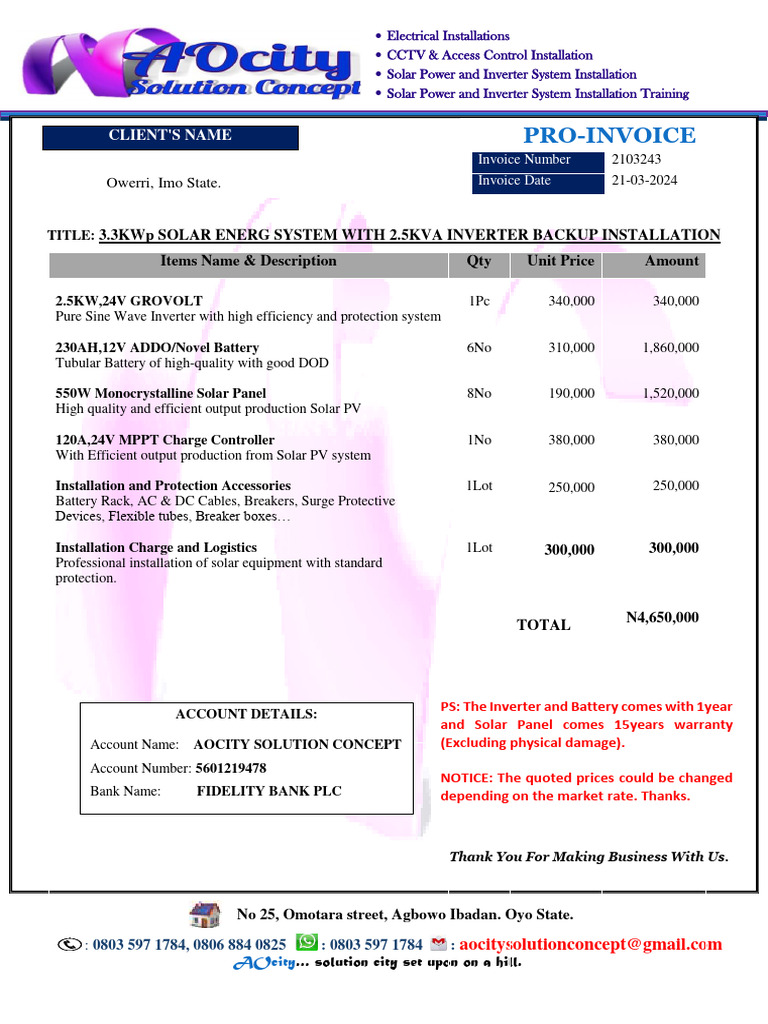 Solar Power Installation Invoice | PDF | Power Inverter | Solar Power