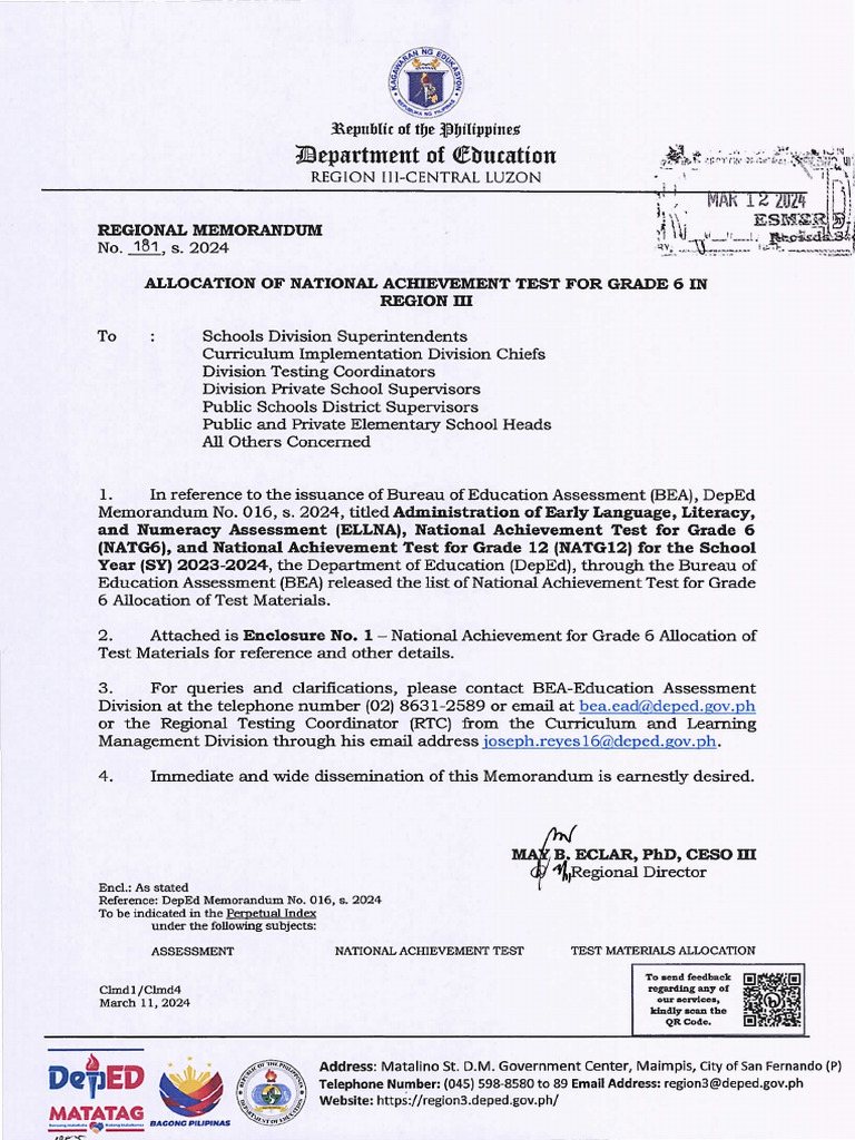RM No. 181S.2024 Allocation of National Achievement Test For Grade 6 in ...