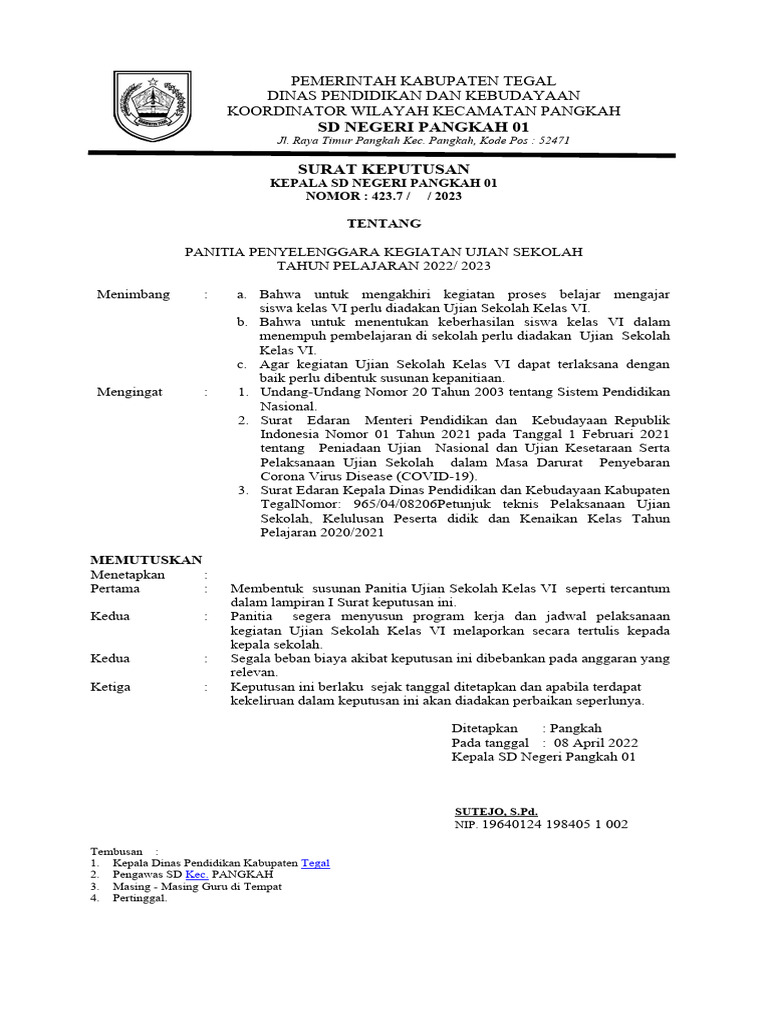 SK Panitia Ujian Sekolah SD Pangkah | PDF