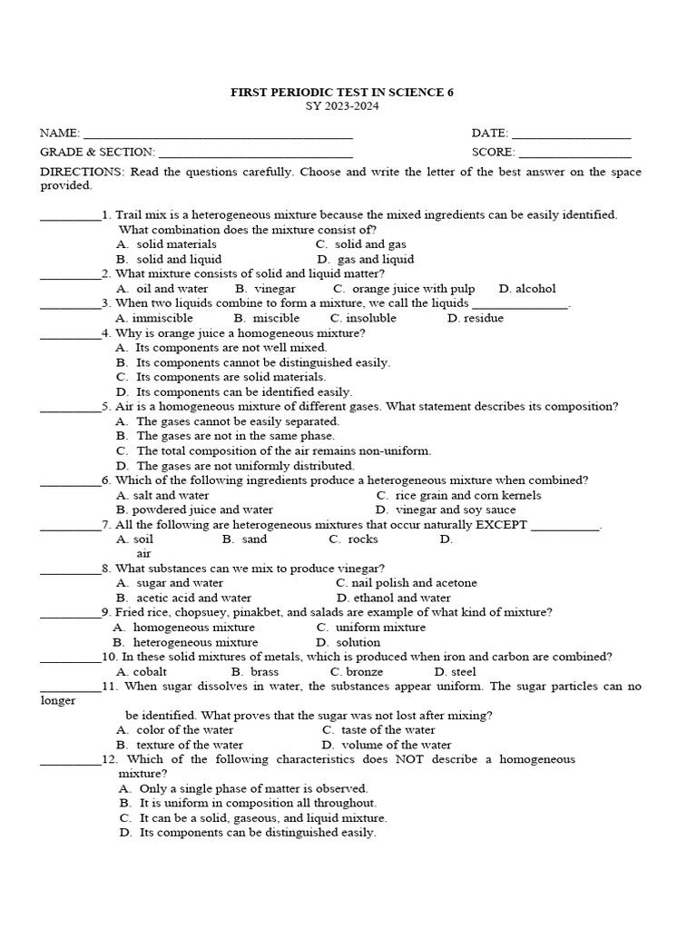 First Periodic Test in Science 6 | PDF | Mixture | Suspension (Chemistry)