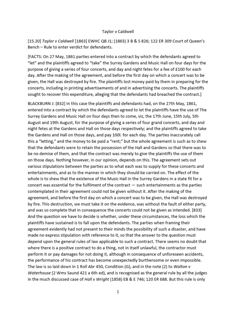 Taylor v Caldwell: Contract Frustration | PDF | Breach Of Contract ...