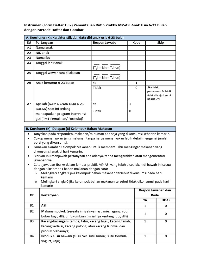 Instrumen FORM DAFTAR TILIK Pemantauan Praktik MPASI | PDF