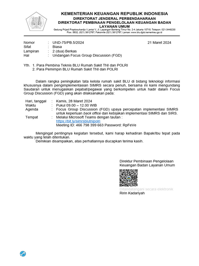 Undangan Focus Group Discussion (FGD) SIMRS | PDF