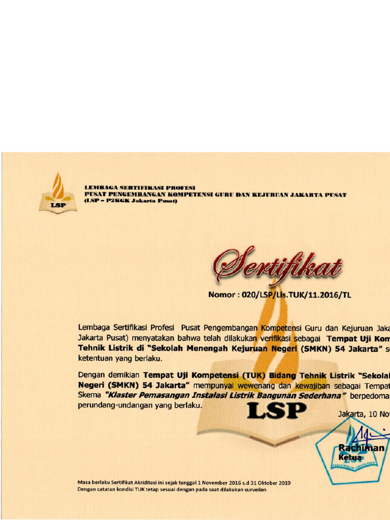 Sertifikat TUK Listrik - TPTU | PDF