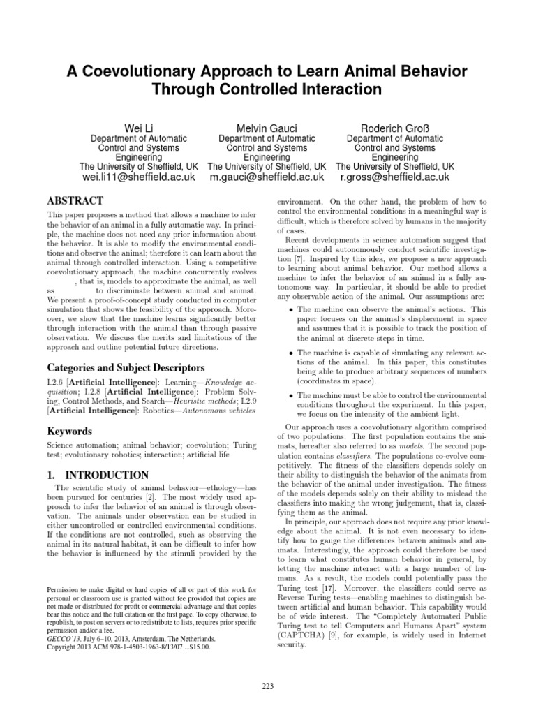 (2013) A Coevolutionary Approach To Learn Animal Behaviour Through Controlled Interaction | PDF ...