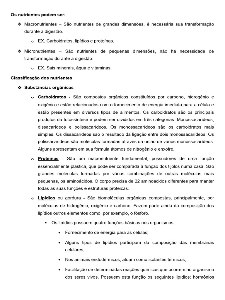 Nutrientes: Orgânicos e Inorgânicos | PDF | Nutrientes | Carboidratos