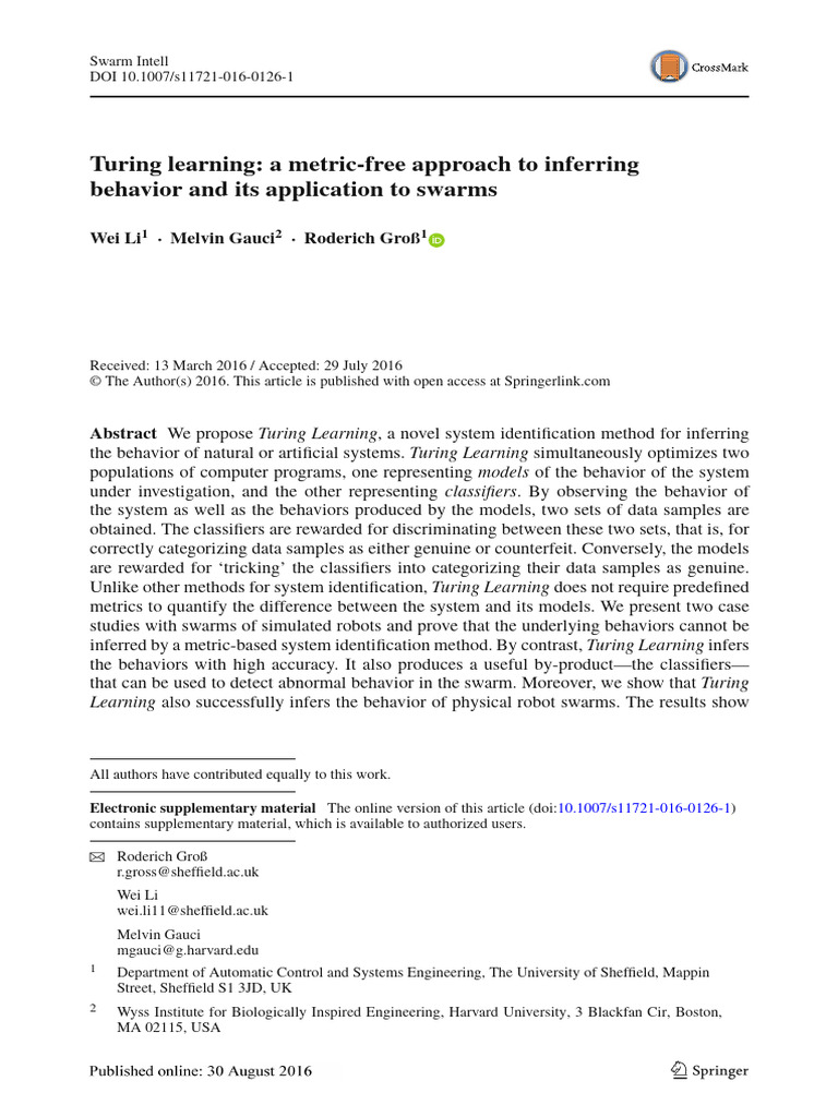 (2016) Turing Learning - A Metric Approach To Inferring Behavior and Its Application To Swarms ...
